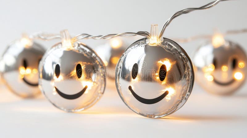 Silver Smiley Face String Lights on White Background Stock Illustration ...