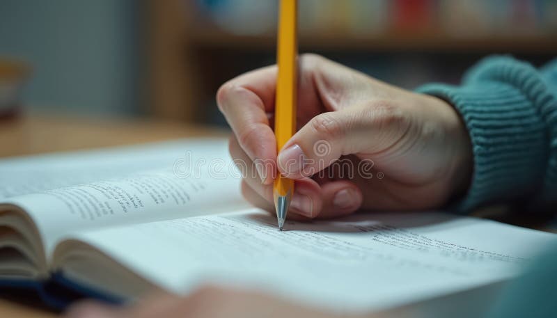Close-up Student Hand Holding Pencil. Student Writing Notes in Textbook ...