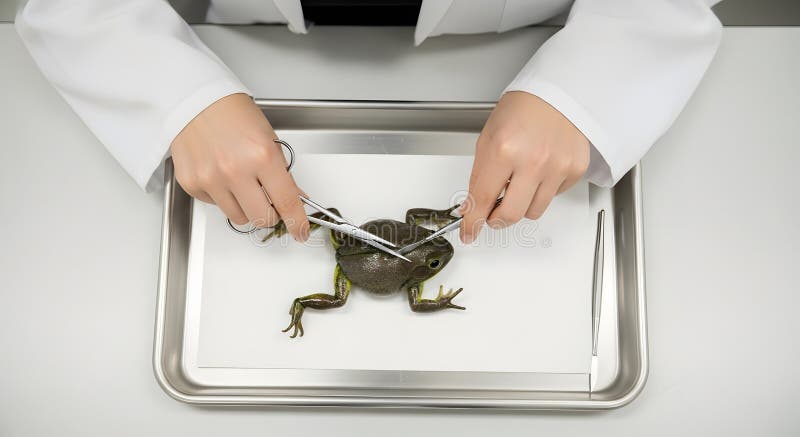 Student Dissecting a Frog Using Scissors and Forceps on a White Tray ...