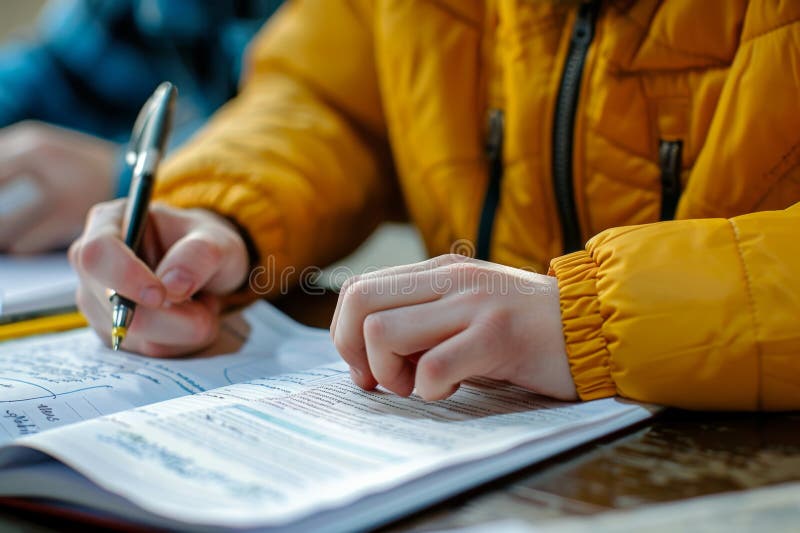 Student Writing Notes in Study Session with Yellow Jacket Stock Photo ...