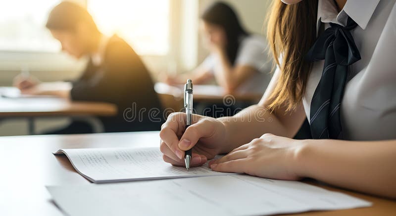 Student Taking Exam in Classroom Writing on Paper with Pen Stock ...