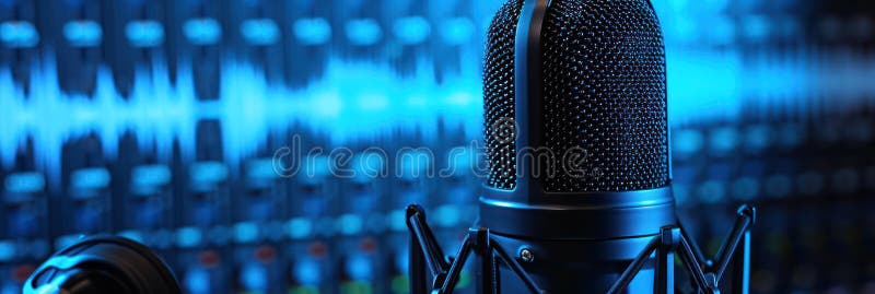 Close-up of Studio Microphone with Sound Wave Pattern Background ...