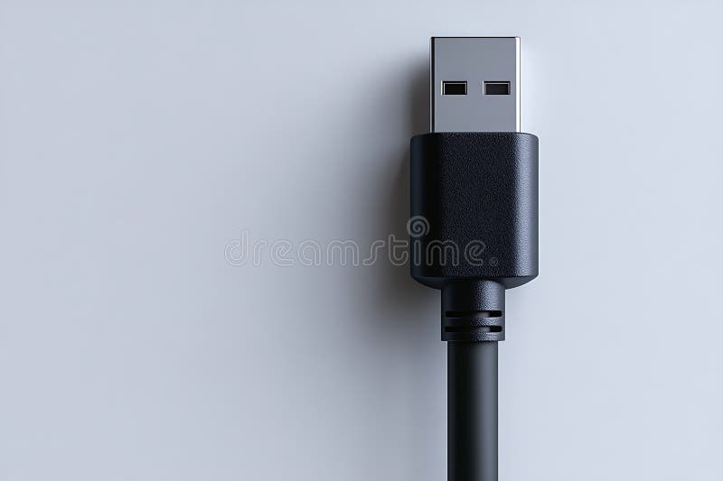 Standard USB Connector with Black Cable Resting on a Light Neutral ...