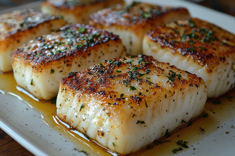 Close-up of Succulent Seared Halibut with Fresh Herbs Garnished on a ...