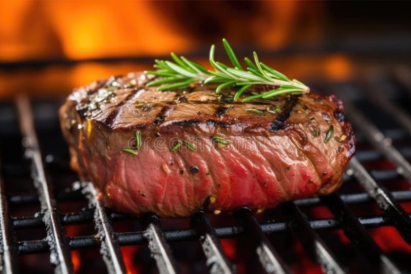 Close Up of Succulent Steak on a Grill with Visible Grill Marks Stock ...