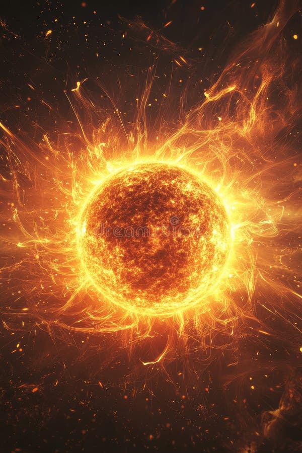 A Close Up of a Sun with a Lot of Fire Around it Stock Illustration ...