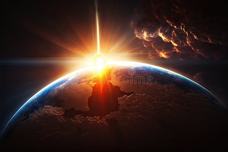 A Close-up of the Sun Rising Over a Globe, with Rays of Light Shining ...