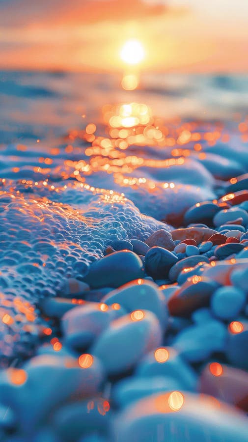 A Close Up of a Sunset Over the Ocean with Pebbles, AI Stock Image ...