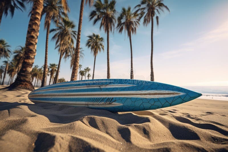 Close-up of a Surfboard on the Beach, with the Ocean and Palm Trees in ...