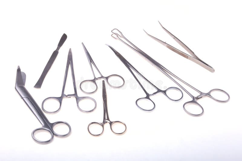 Close Up Surgical Instruments and Tools on White Background. Selective ...