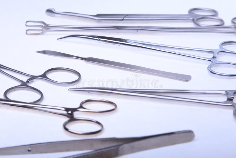 Close Up Surgical Instruments and Tools on White Background. Selective ...