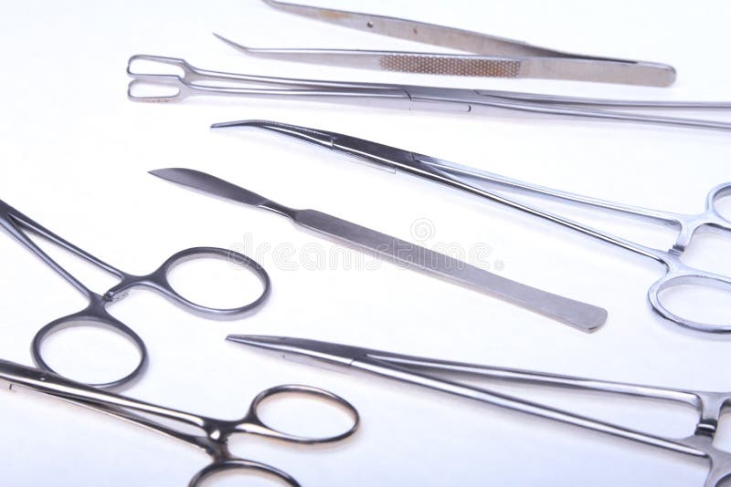 Close Up Surgical Instruments and Tools on White Background. Selective ...