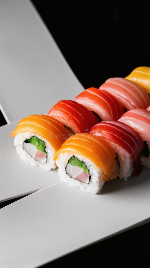 A Close Up of a Sushi Roll with Different Colored Toppings, AI Stock ...