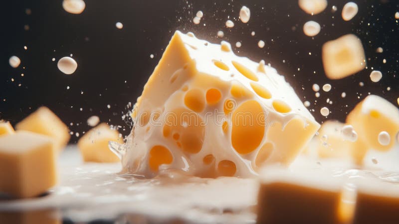 Close-Up of Swiss Cheese Block with Creamy Liquid Splash Stock ...