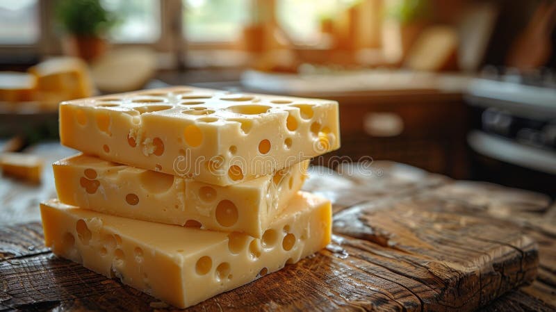 Close-up of Swiss Cheese Blocks on a Rustic Table - Generative Ai Stock ...