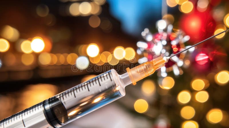 Close-up of Syringe with Colorful Holiday Lights in Background Stock ...
