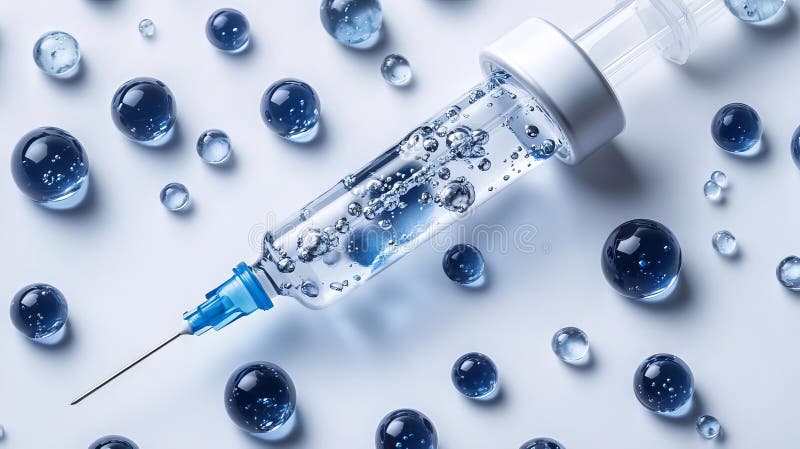 A Close-up of a Syringe Filled with Liquid, Surrounded by Blue Droplets ...