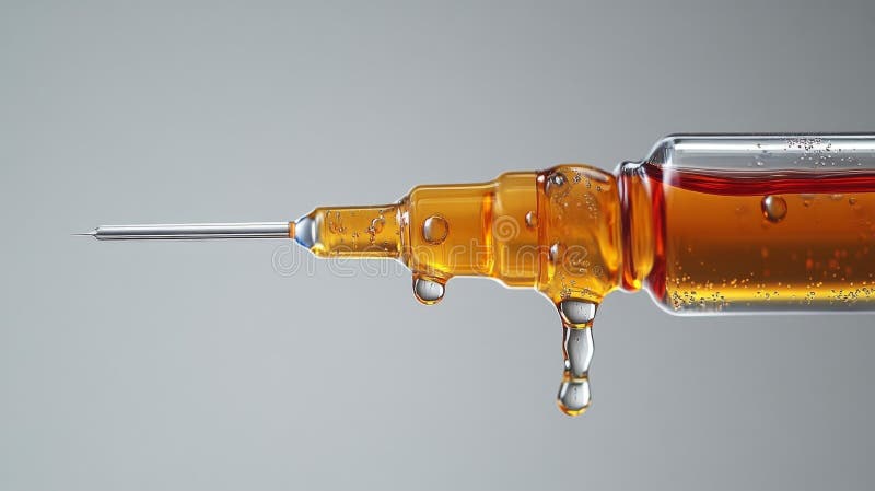 Close-Up of Syringe with Liquid Dropping from Needle Isolated on White ...