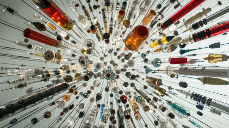 A Close-Up of Syringes and Vials Hanging from Wires Stock Illustration ...