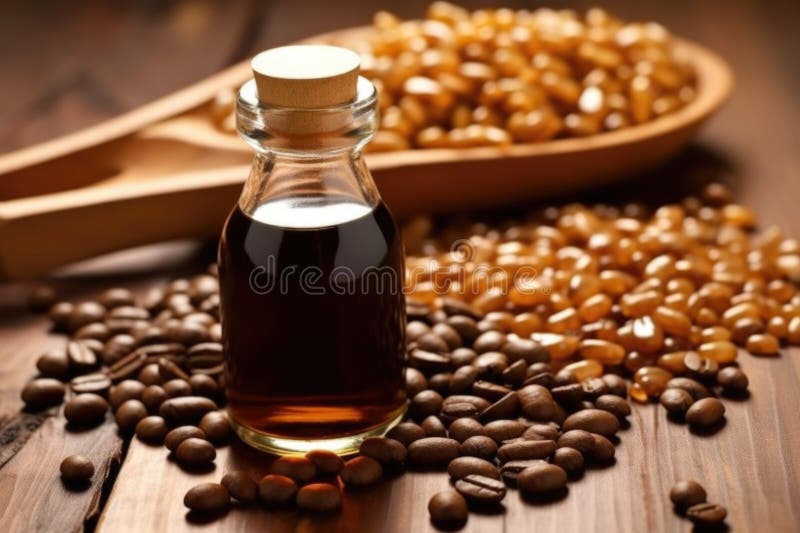 Close-up of Syrup Bottle with Coffee Beans in Background Stock Photo ...