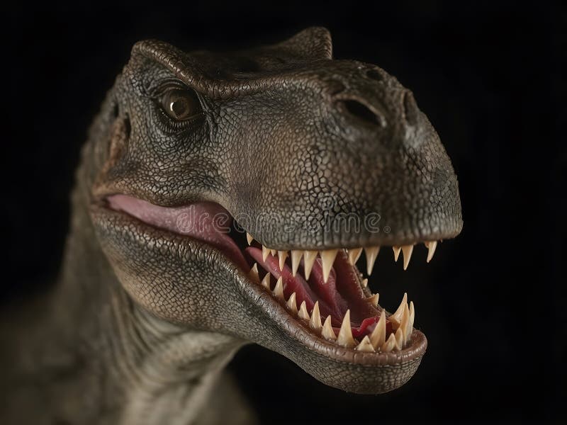A Close-up of a T-Rex Dinosaur Head with Sharp Teeth and Intense Eyes ...