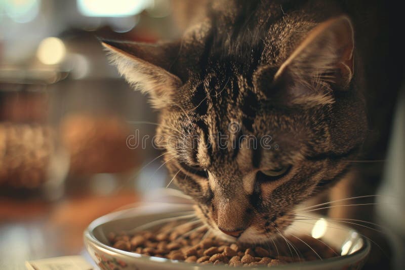Close-up of Tabby Cat Eating from Bowl Indoors in Soft Lighting AI ...