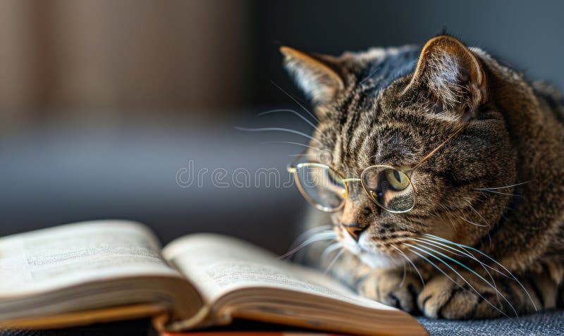 Close Up of a Tabby Cat Wearing Eyeglasses Reading a Book Stock Image ...