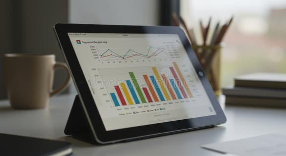 Close-up of a Tablet Computer Shows Various Colored Bars in a Bar Chart ...