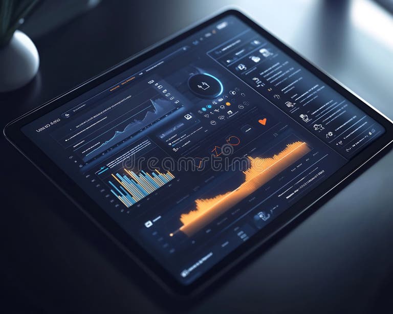Close Up of a Tablet Displaying Complex Data Visualizations and Graphs on Screen Stock ...