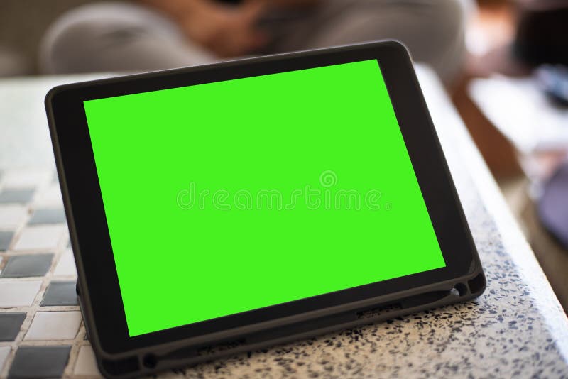 Close Up Tablet Green Screen on Table Stock Photo - Image of home ...