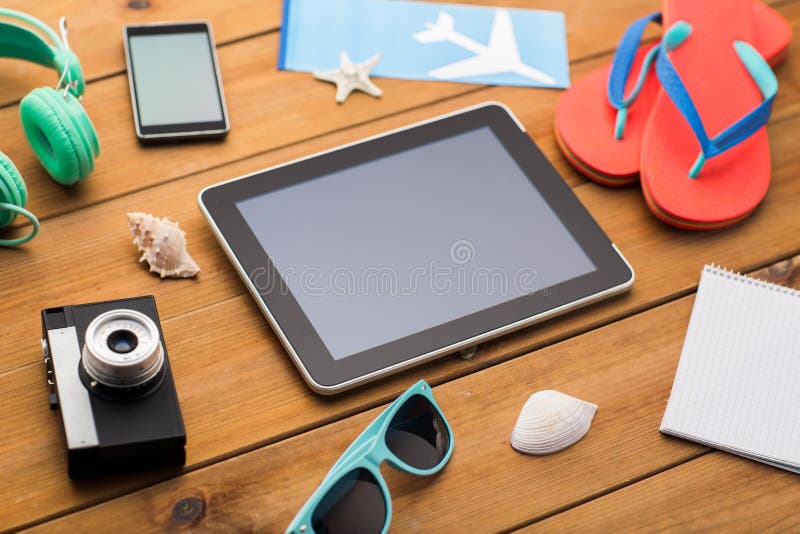 Close Up of Tablet Pc and Travel Stuff Stock Image - Image of ...