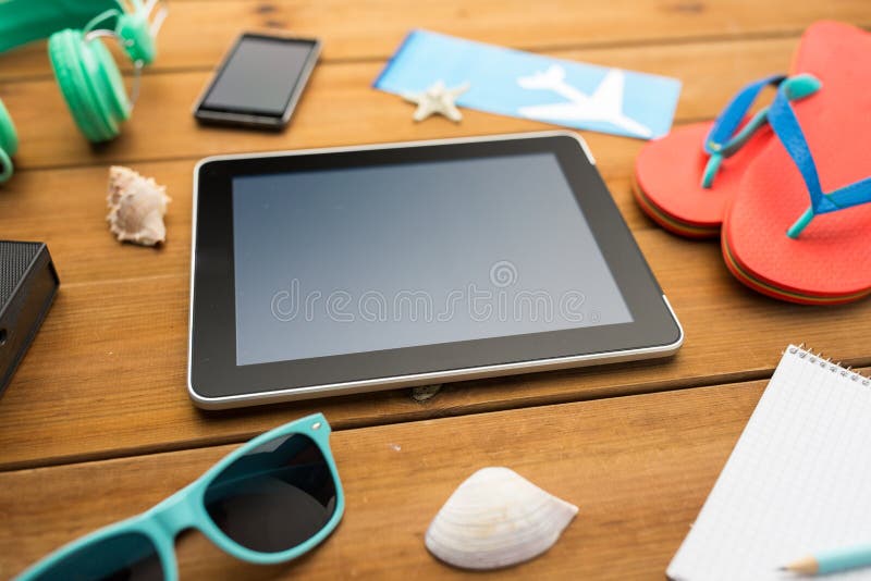 Close Up of Tablet Pc and Travel Stuff Stock Photo - Image of gadget ...