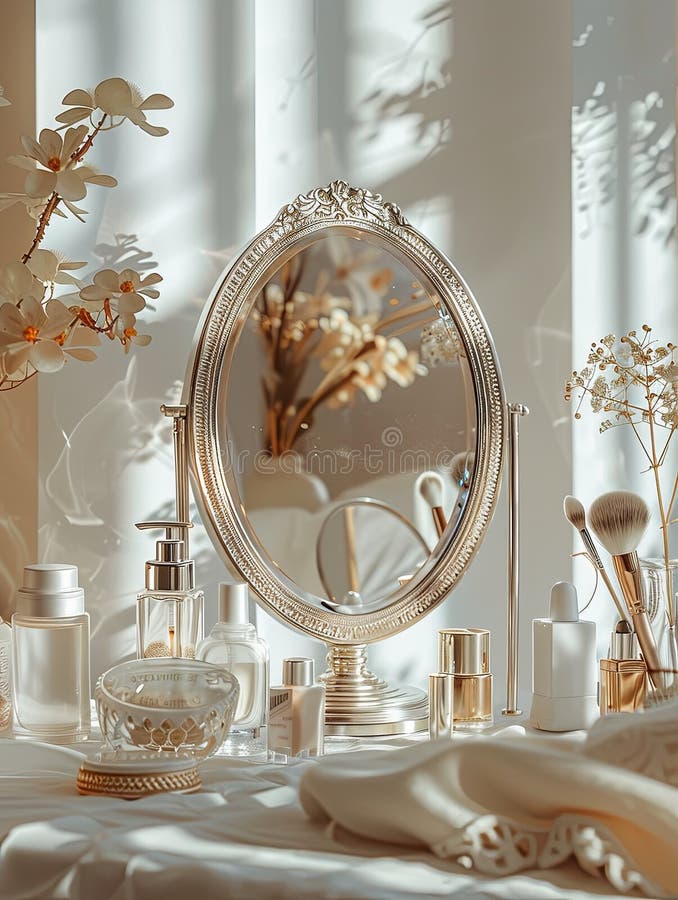 A Close-up of a Tabletop Mirror Surrounded by Various Cosmetic Products ...