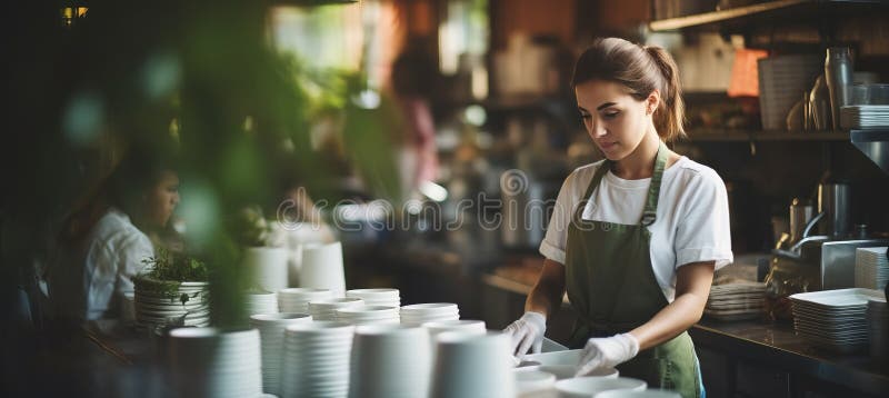 Close Up of Tableware and Woman Washing Dishes in Bright Kitchen with ...