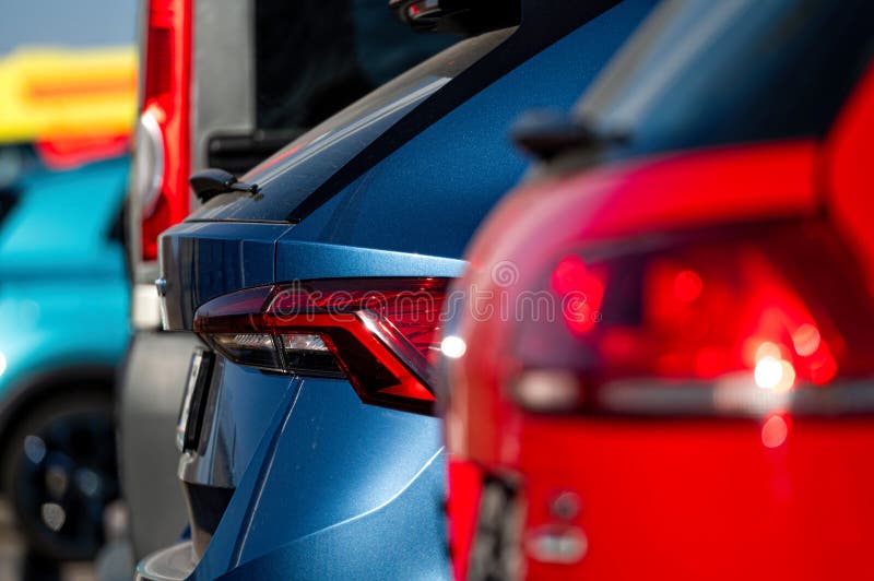 Close Up of Tail Lights of Cars Standing in a Row, Aelective Focus ...