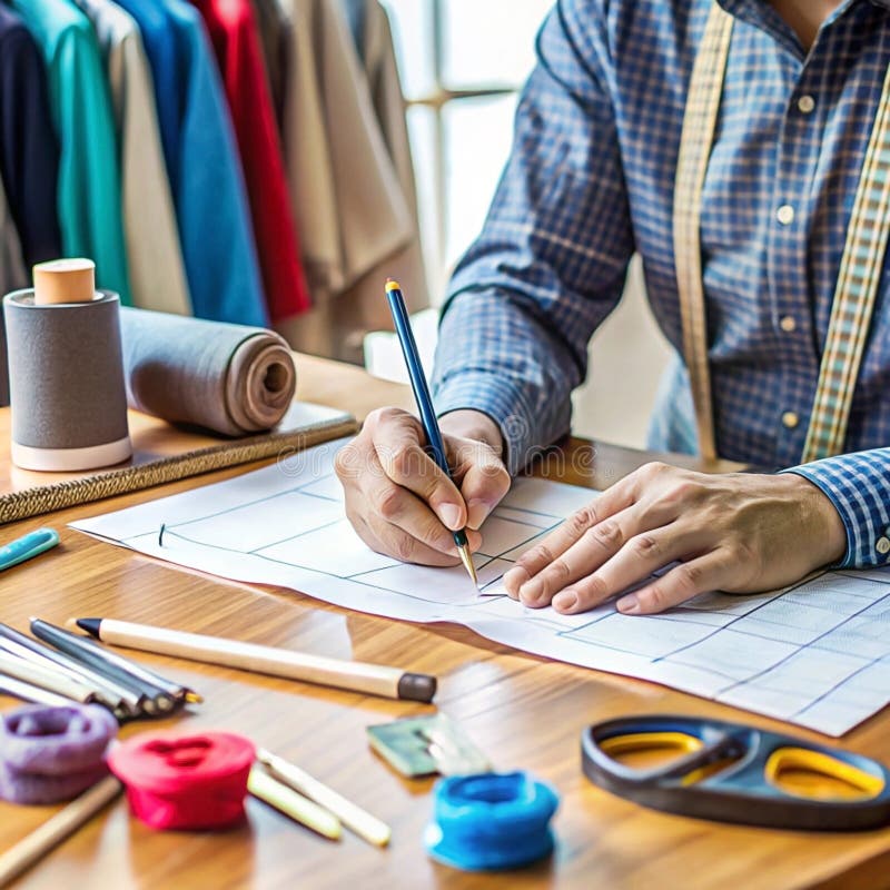 Close-up of a Tailor Sketching a Clothing Design on Paper at His ...