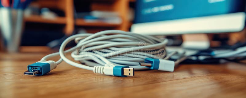 Close-up of a Tangled Assortment of Electronic Cables in a Workspace ...