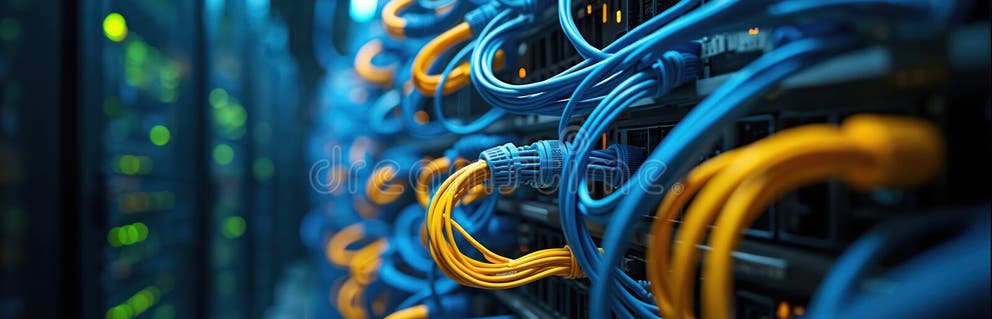 Close-up of Tangled Blue, Yellow Network Cables Connecting To Server ...