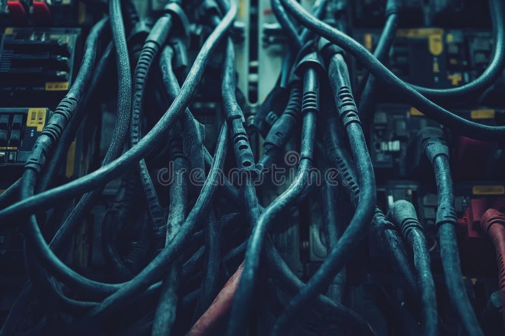 Close-up of Tangled Electrical Cables Forming a Complex Network within ...