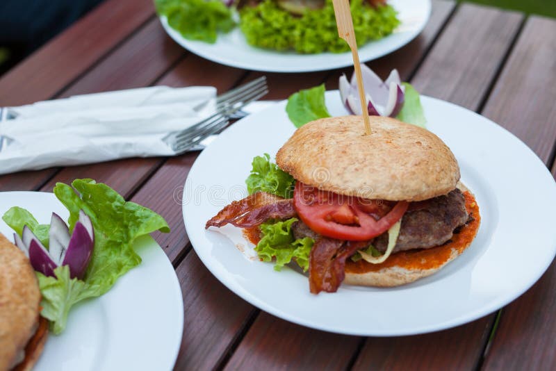 A Close-up of Tasty- Look Hamburger. Stock Image - Image of salad ...