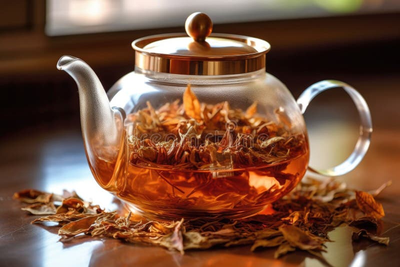Close-up of Tea Leaves Steeping in Glass Teapot Stock Illustration ...