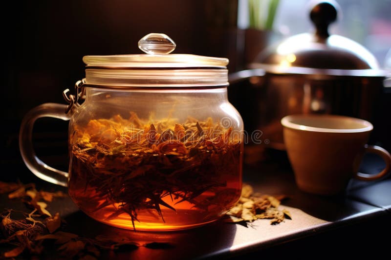 Close-up of Tea Leaves Steeping in a Glass Teapot Stock Illustration ...
