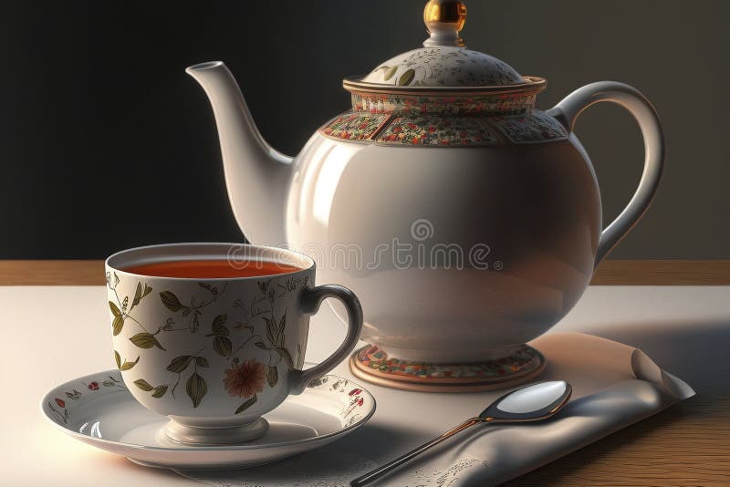 Close Up of a Teacup and Teapot on a Table Stock Illustration ...