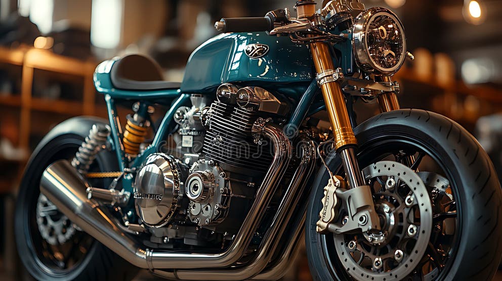 Close-up of a Teal and Gold Custom Motorcycle with a Chrome Engine ...