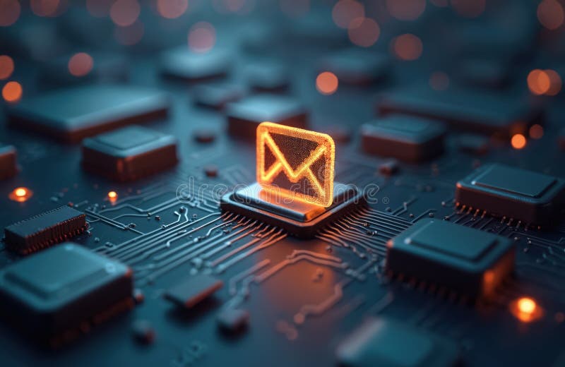 Close-up Tech Circuit Board with Glowing Email Symbol. Modern Digital ...