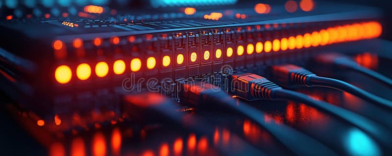 Close-up Tech Network Switch with Plugged Cables. Lights Signal Data ...