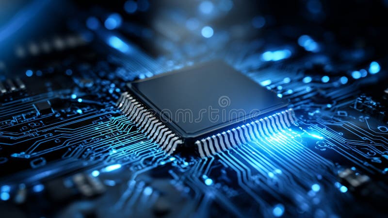 Close Up of Tech Square Processor Glows on Circuit Layout Stock Photo ...