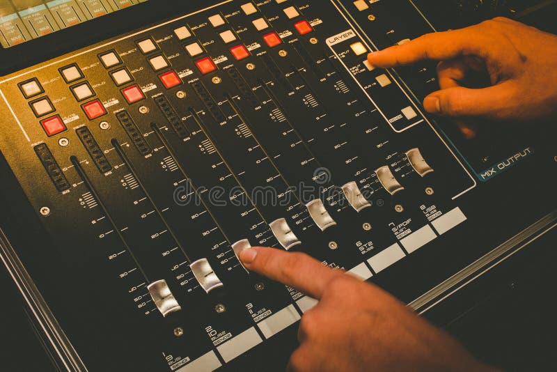 Close Up Of Technical Hand With Music Mixer Equalizer Console For Mixer ...
