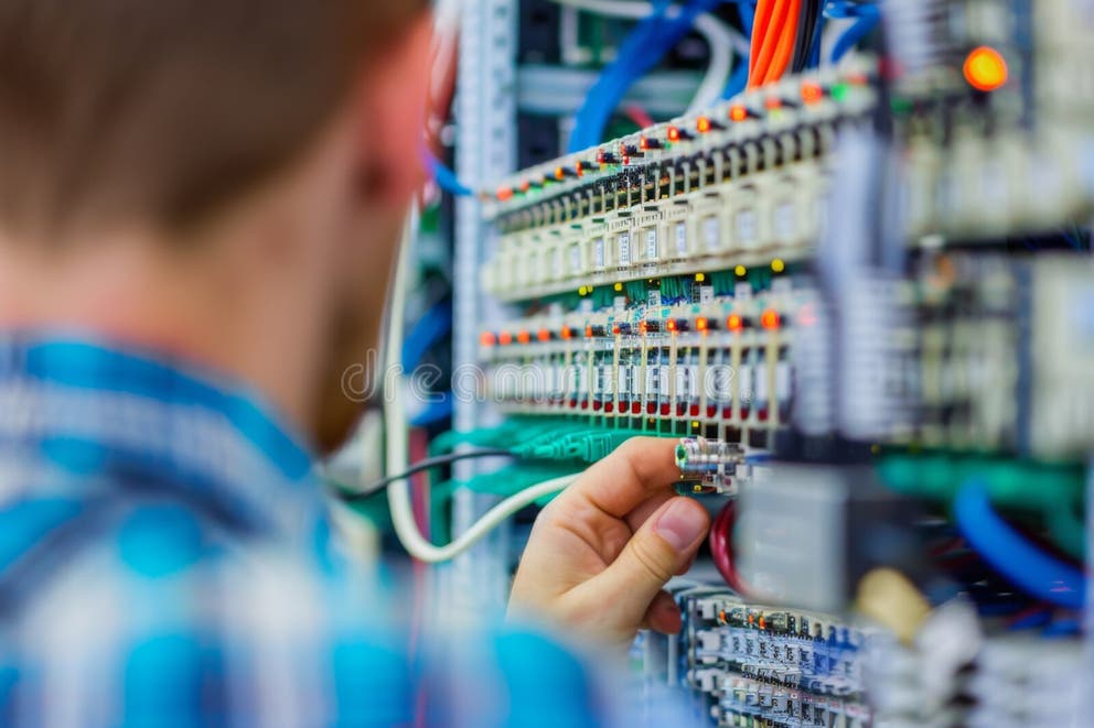 Technician Working on Network Cables in a Server Room Stock Image - Image of connection ...