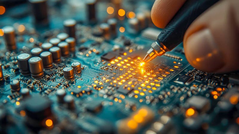 A Close-up of a Technician S Hand Carefully Repairing a Glowing Circuit Board, Symbolizing ...